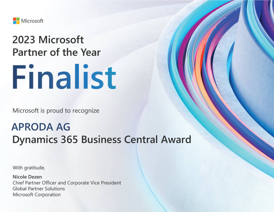 Microsoft Global Award Finalist Dynamics 365 - Aproda AG
